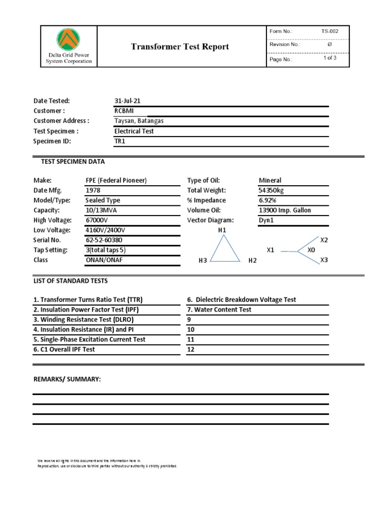 Electrical Test Report - 10MVA Transformer-Final | Download Free PDF ...