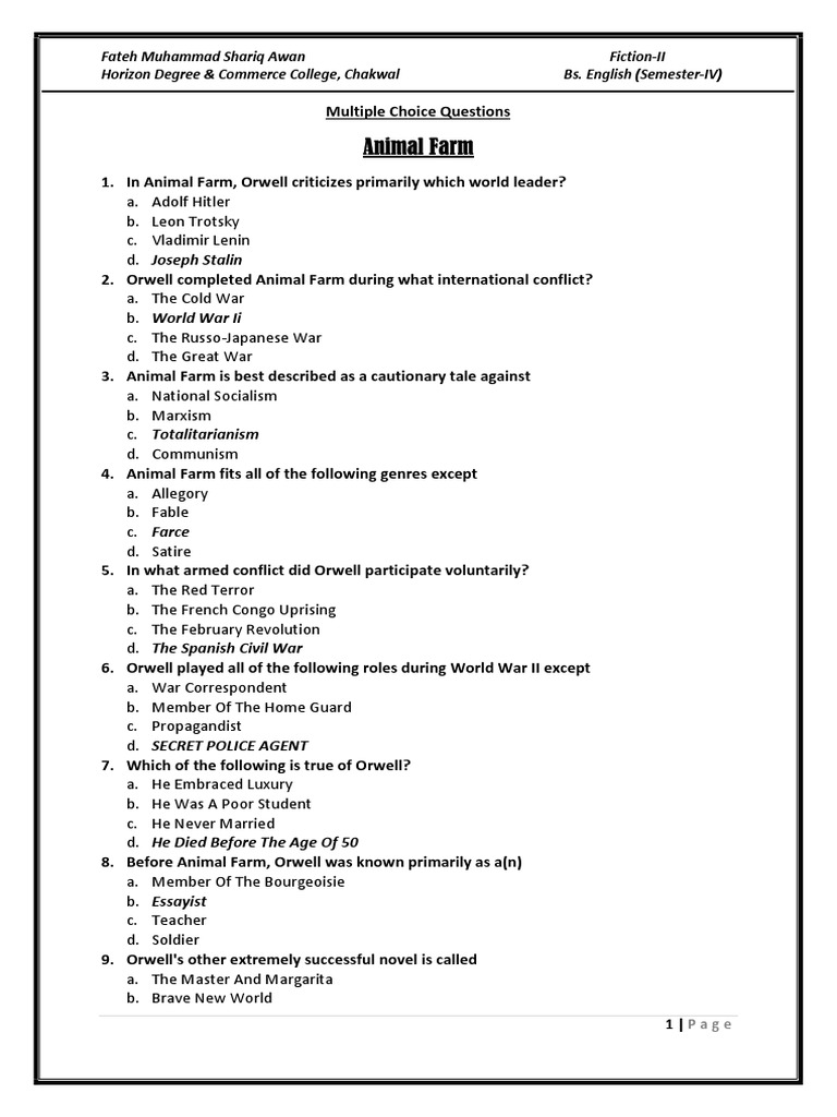 Animal Farm MCQs and Answers Guide | PDF | Young Adult