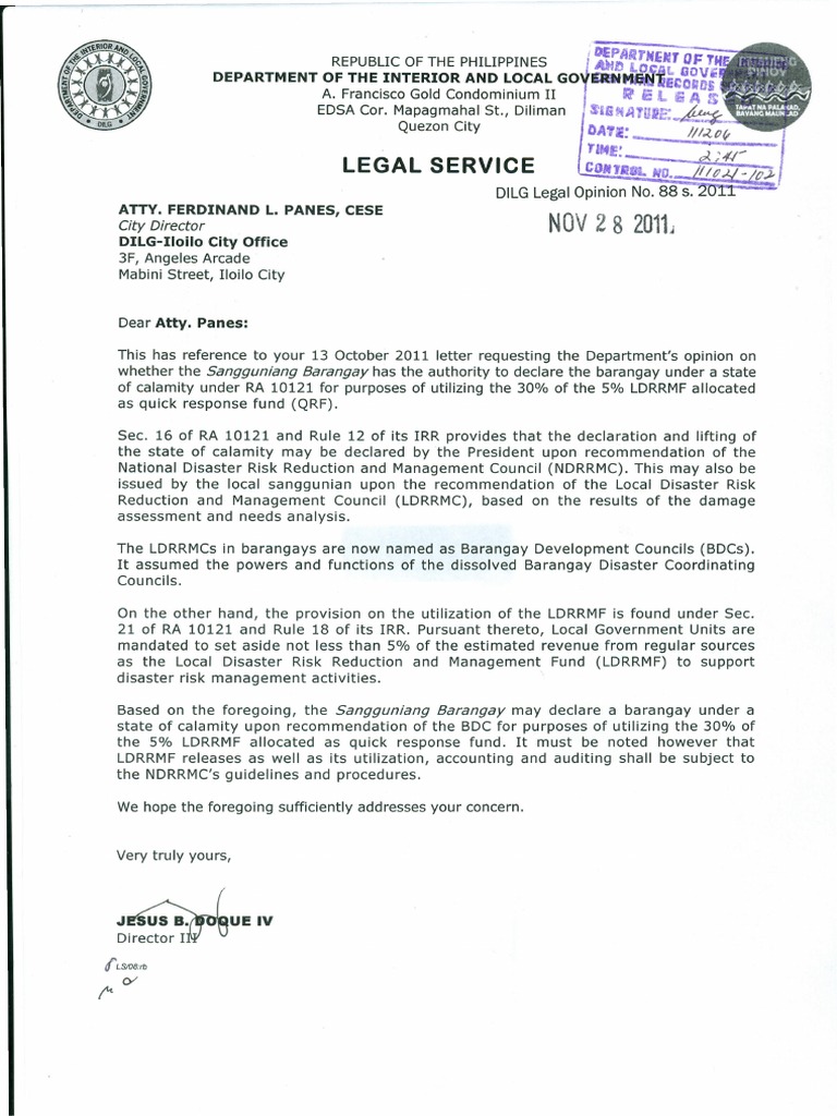 DILG-Legal - Opinions-Declaration of State of Calamity Barangay Level | PDF