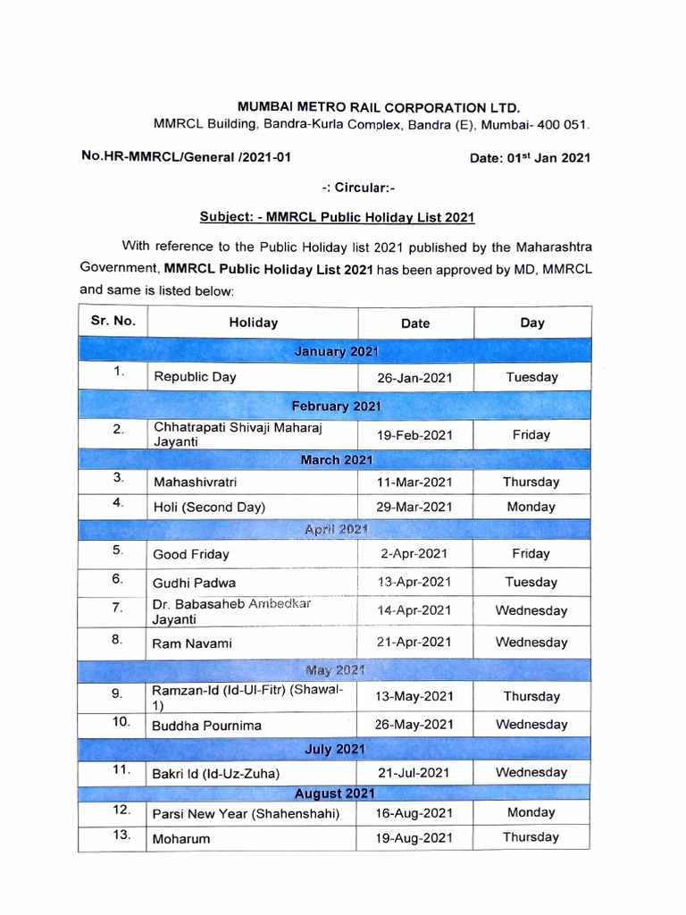 MMRCL Public Holiday List 2021 | PDF | Holidays | Observances