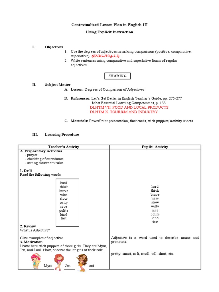 Contextualized Lesson Plan in English III | PDF | Adjective | English ...
