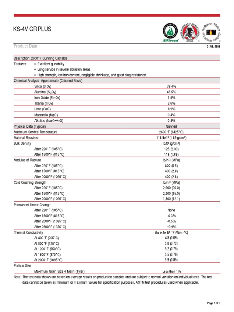 Refractory Datasheet 2 - KS-4V PLUS | PDF | Refractory | Physical Sciences