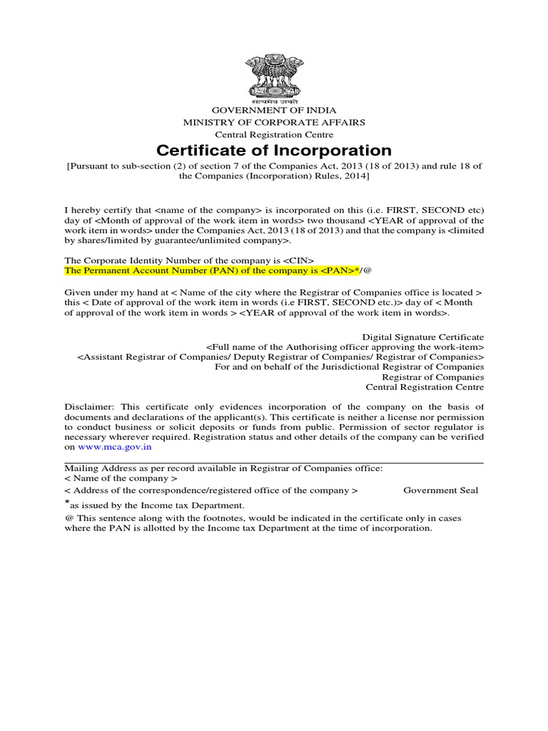 Certificate of Incorporation: WWW - Mca.gov - in | PDF | Government