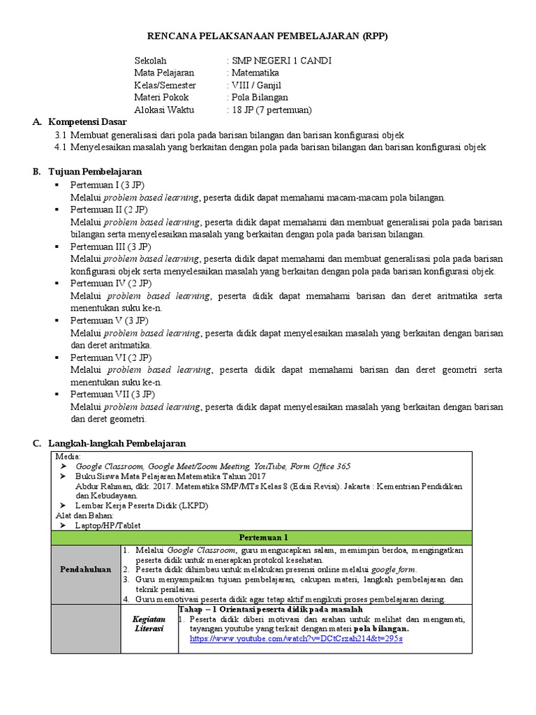 8 RPP 3.1 Pola Bilangan - Matematika Kelas 8 | PDF