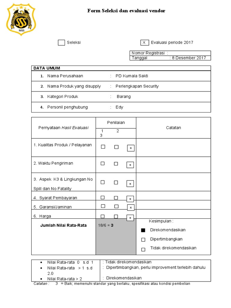 Form Seleksi Dan Evaluasi Vendor | PDF