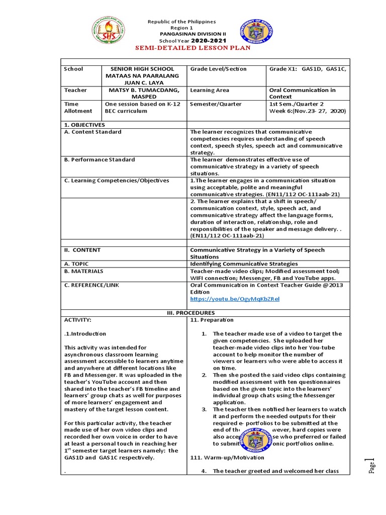 Lesson Plan Communicative Strategies Week 6 Oral Communication S.Y ...