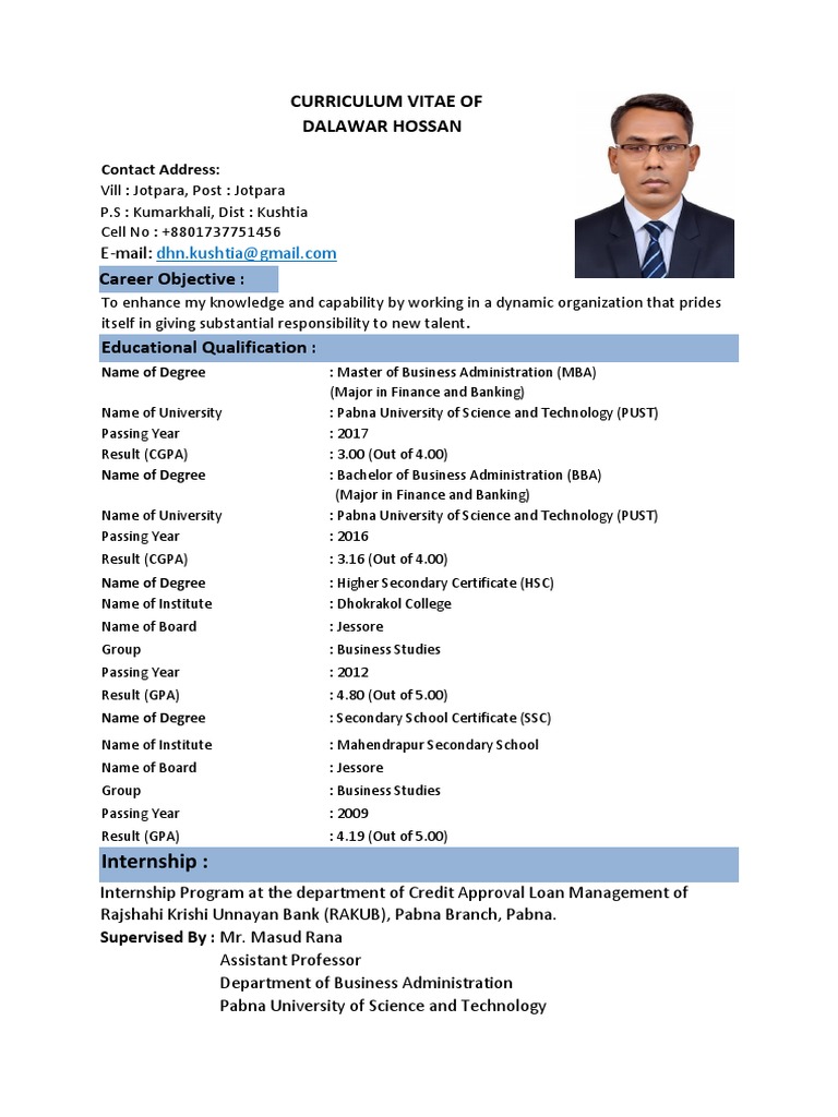 CV of Dalawar Hossan | PDF | Academic Degree | Educational Stages
