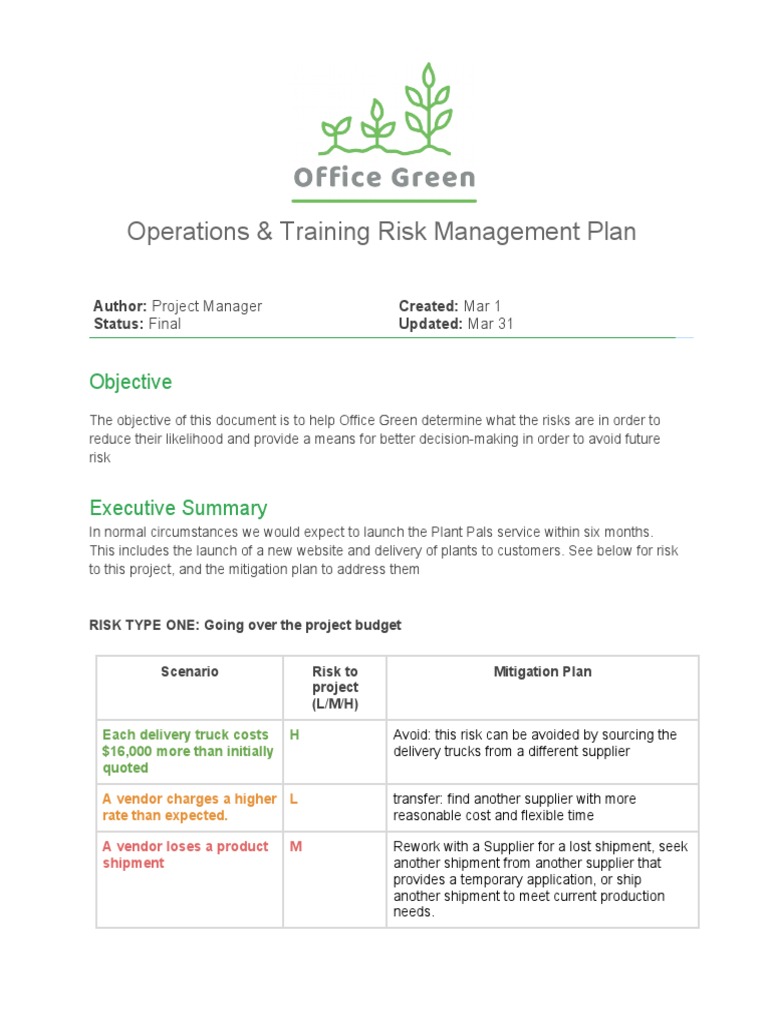Operations & Training Risk Management Plan: Objective | PDF | Risk ...