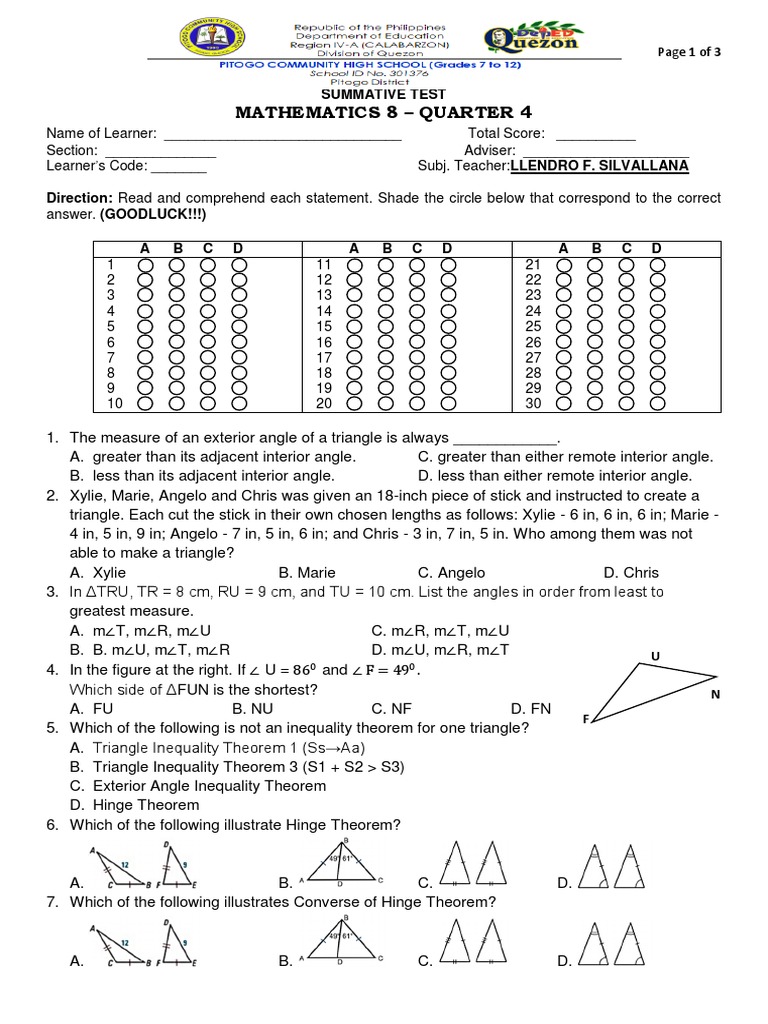 Summative Test Math8 Llendro. | PDF | Euclidean Geometry | Mathematics