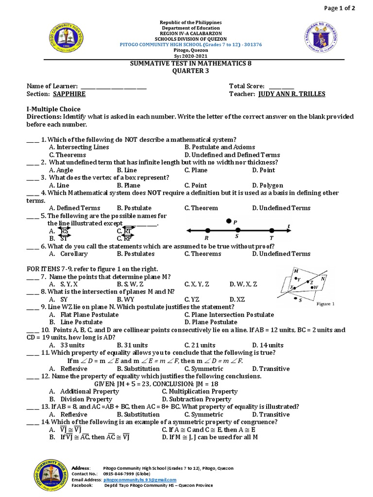 Summative Test in Mathematics 8 Quarter 3: PITOGO COMMUNITY HIGH SCHOOL ...