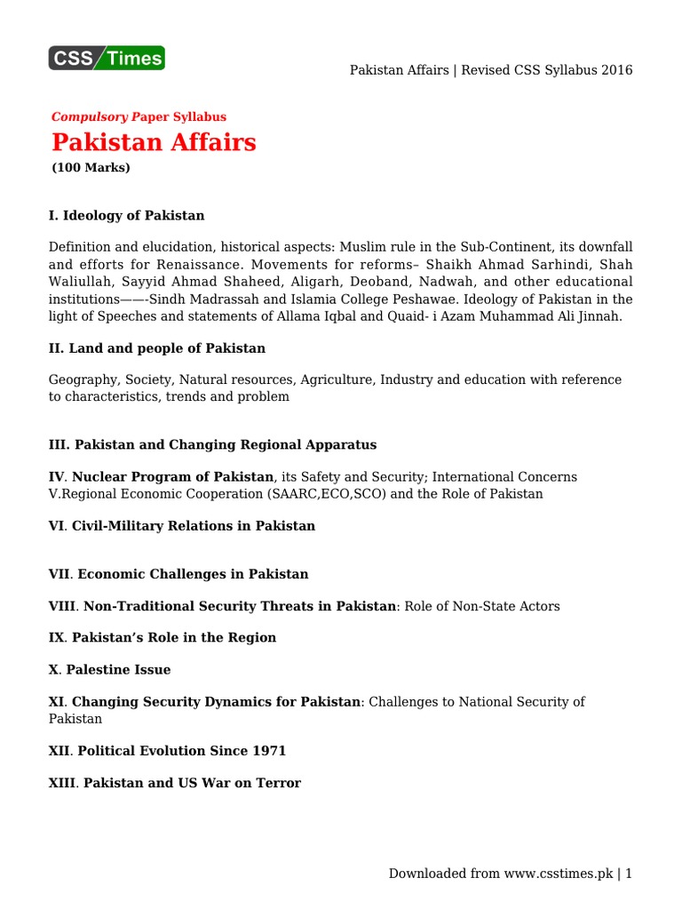 Pakistan Affairs - Revised CSS Syllabus 2016 | PDF | Pakistan | Two Nation Theory