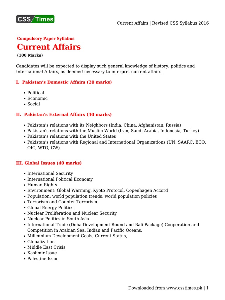 Current Affairs - Revised CSS Syllabus 2016 | PDF | Pakistan | International Relations