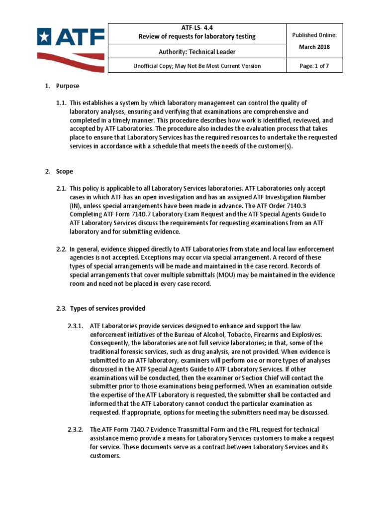 ATF Lab Testing Request Review Guide | PDF | Bureau Of Alcohol | Dna ...