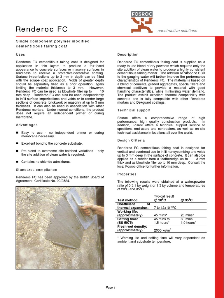 Renderoc FC: Single Component Polymer Modified Cementitious Fairing ...