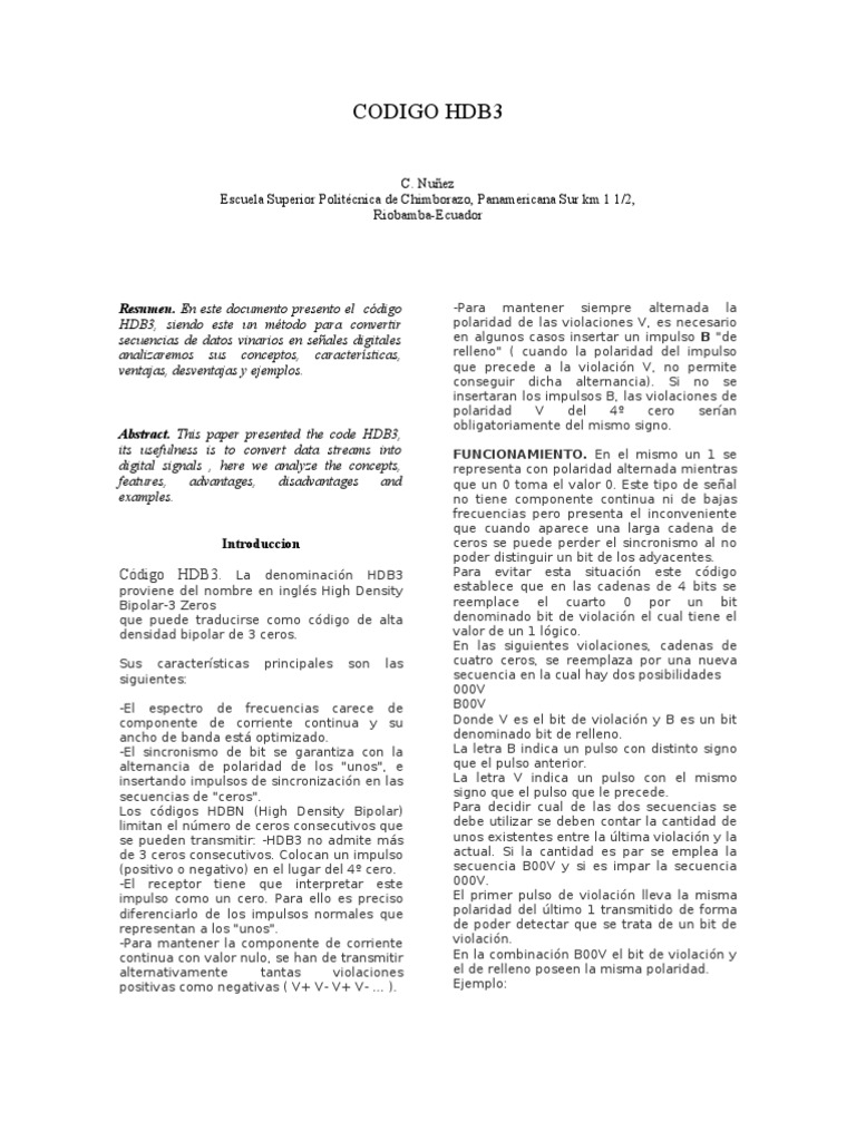Código HDB3: Conversión de Datos Binarios | PDF | Telecomunicaciones | Tecnología de información ...