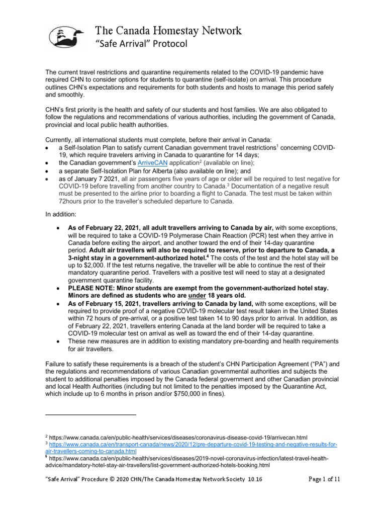 The Canada Homestay Network: "Safe Arrival" Protocol | PDF | Quarantine ...