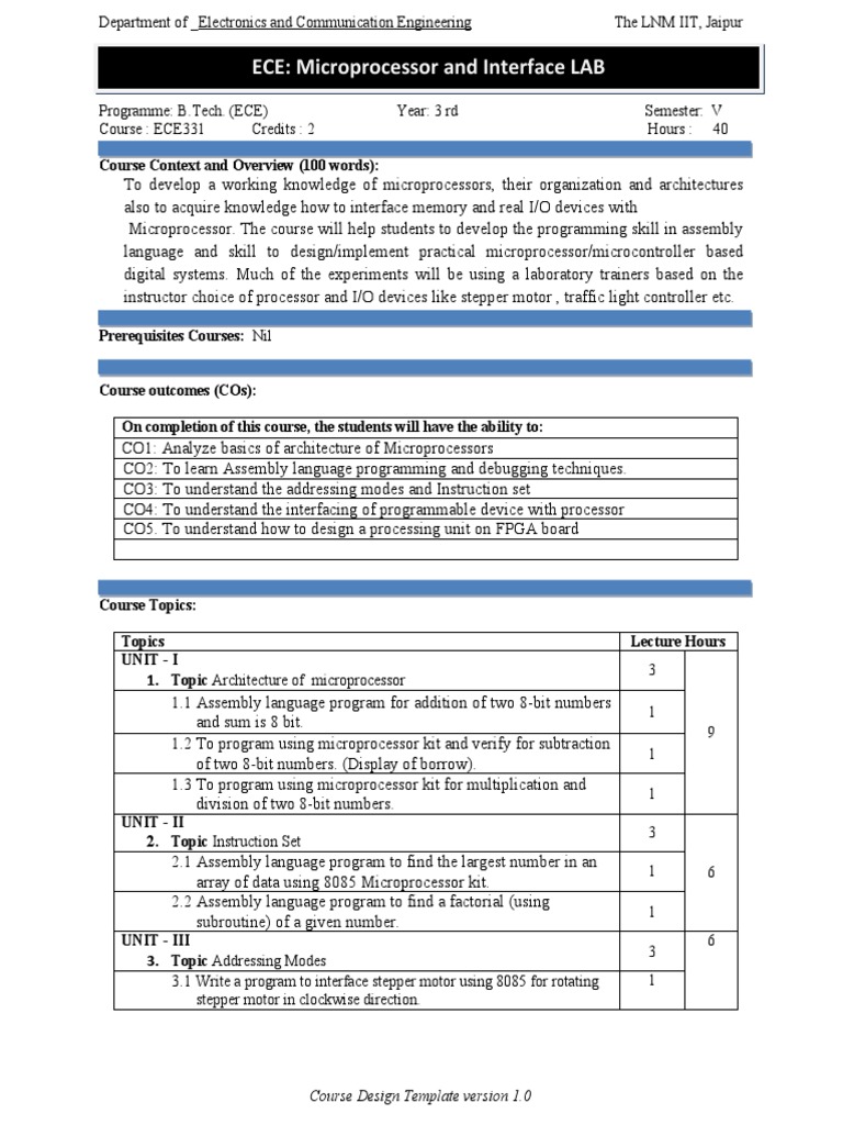 ECE: Microprocessor and Interface LAB: Course Design Template Version 1 ...