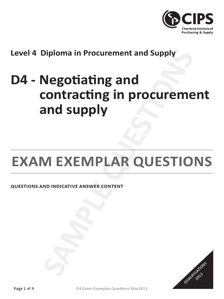 D4 - Negotiating and Contracting in Procurement and Supply: Exam Exemplar Questions | PDF ...
