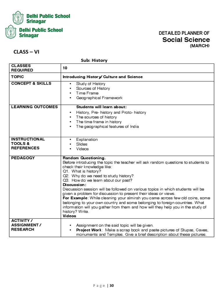 DPS Srinagar Class VI Social Science Planner | PDF | Vedas | Pedagogy