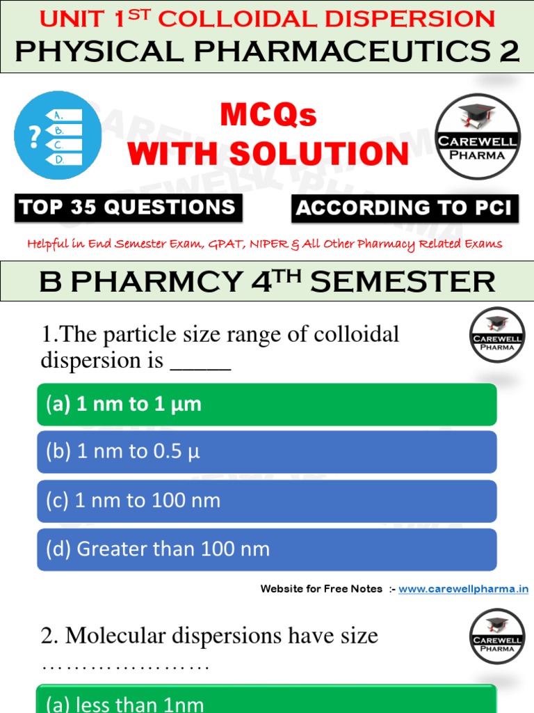 Unit 1 Physical Pharmaceutics 4th Sem MCQ | PDF | Colloid | Coordination Complex