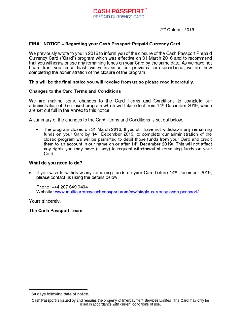 Final Notice - Regarding Your Cash Passport Prepaid Currency Card | PDF | Debit Card | Financial ...