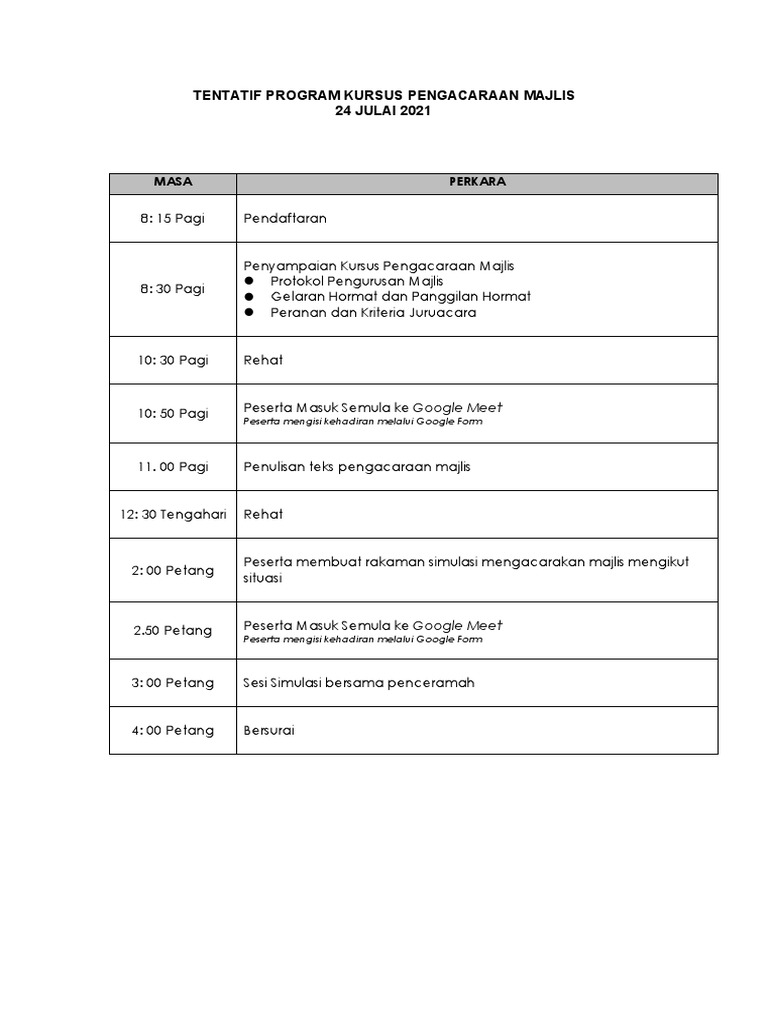Tentatif Program Kursus Pengacaraan Majlis | PDF Tentatif Program Kursus Pengacaraan Majlis | PDF