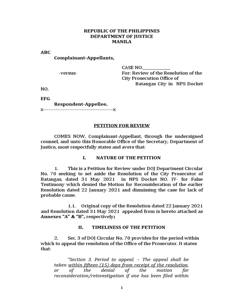 Appeal To DOJ - Petition For Review | PDF | Burden Of Proof (Law ...