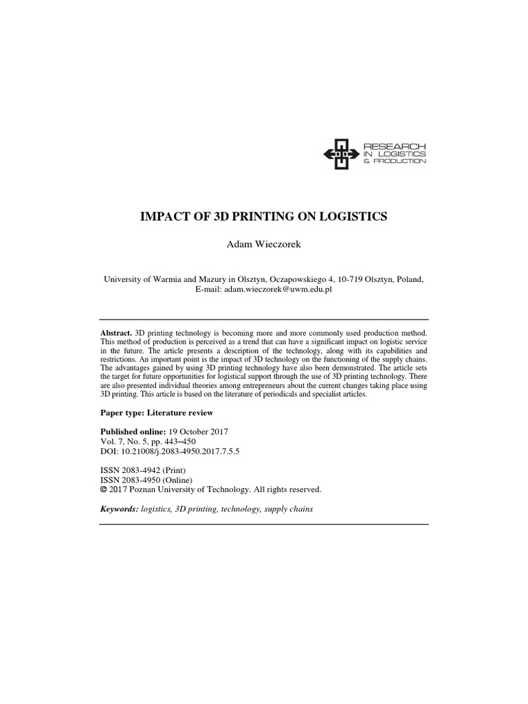 Impact of 3D Printing On Logistics | PDF | 3 D Printing | Logistics