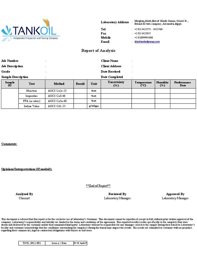 Report of Analysis: Sample ID Temperature (°C) Humidity (%) Performance ...