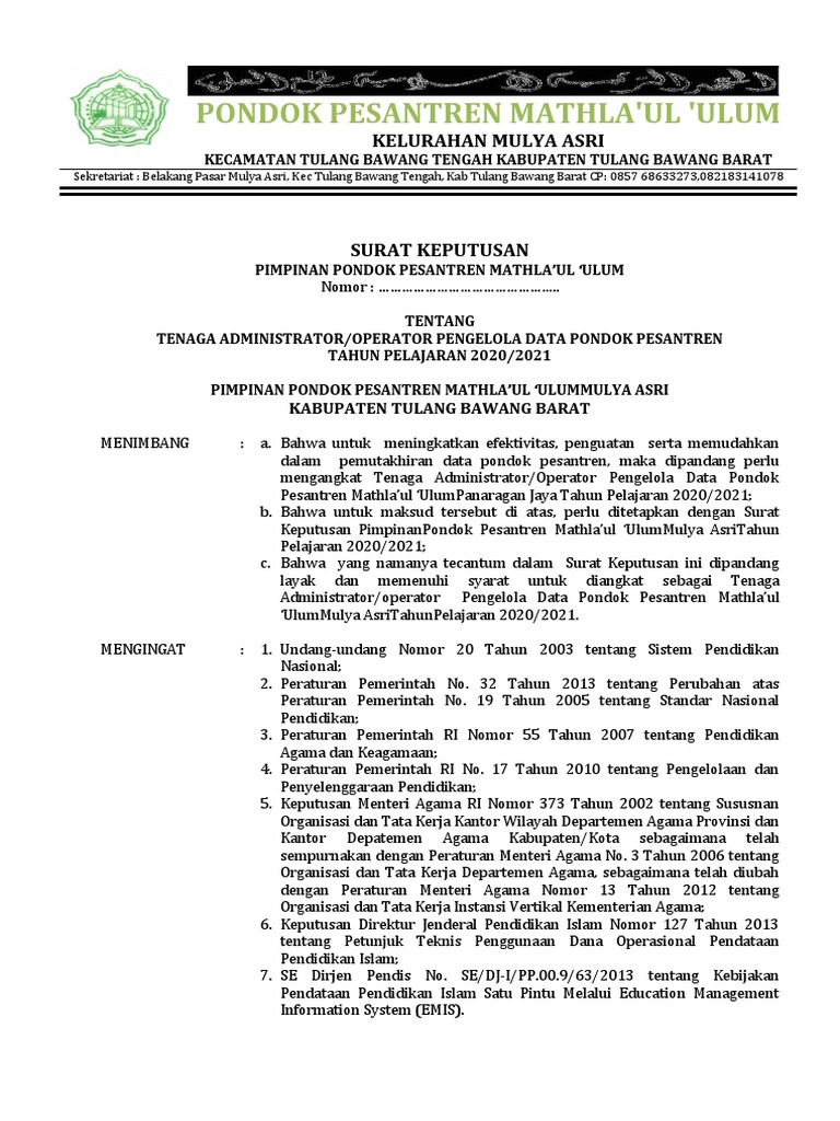 Contoh SK Operator Pondok Pesantren (1) 2 | PDF