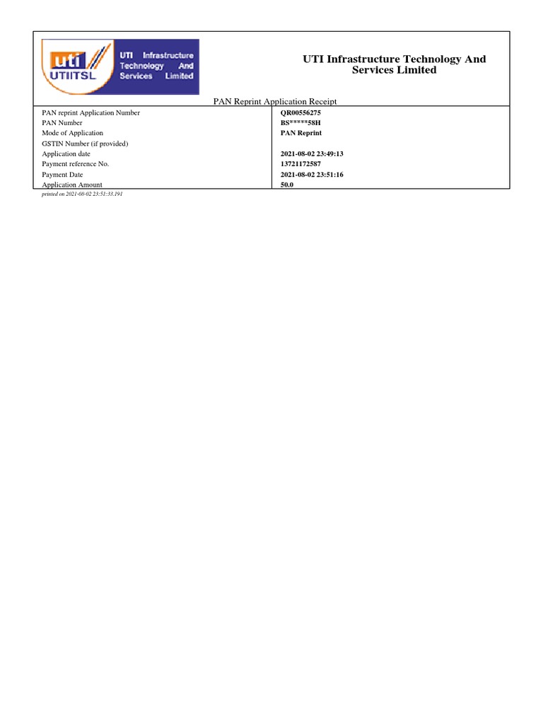 UTI Infrastructure Technology and Services Limited: PAN Reprint ...