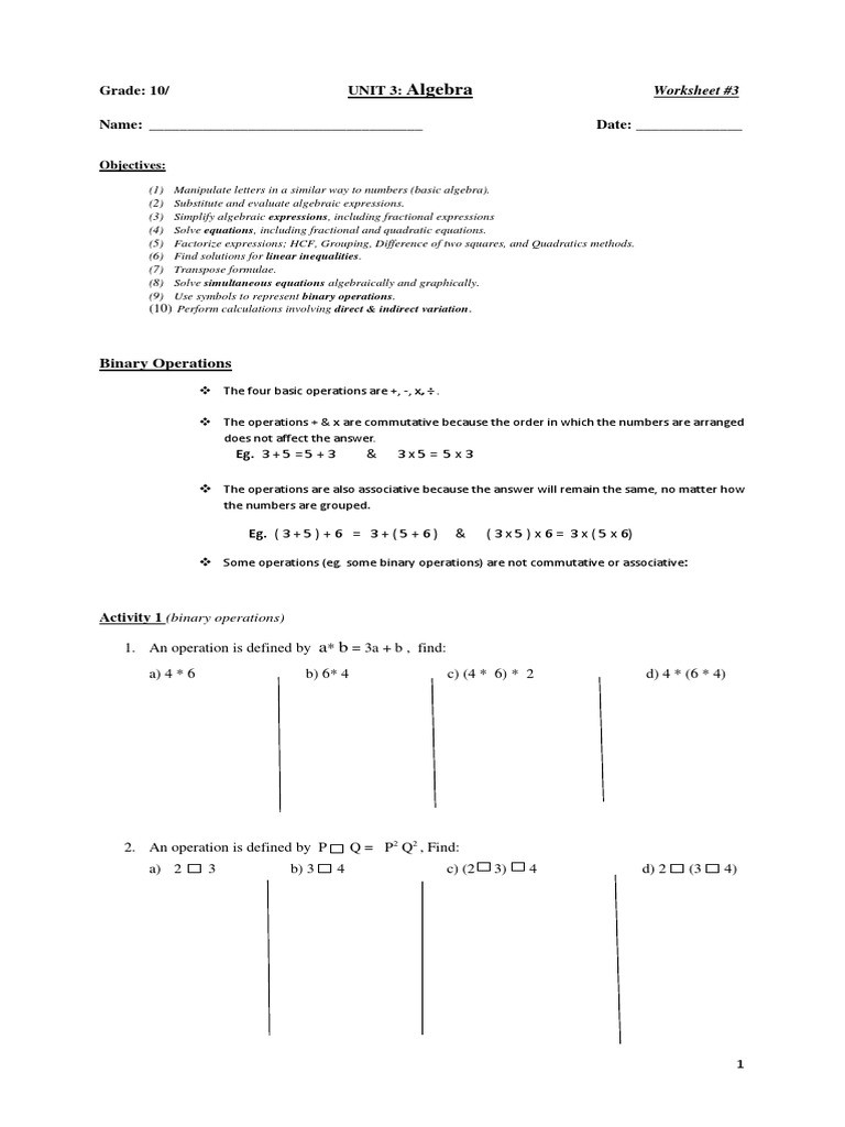 Grade 10 - Algebra Worksheet 2020 | PDF | Algebra | Mathematics