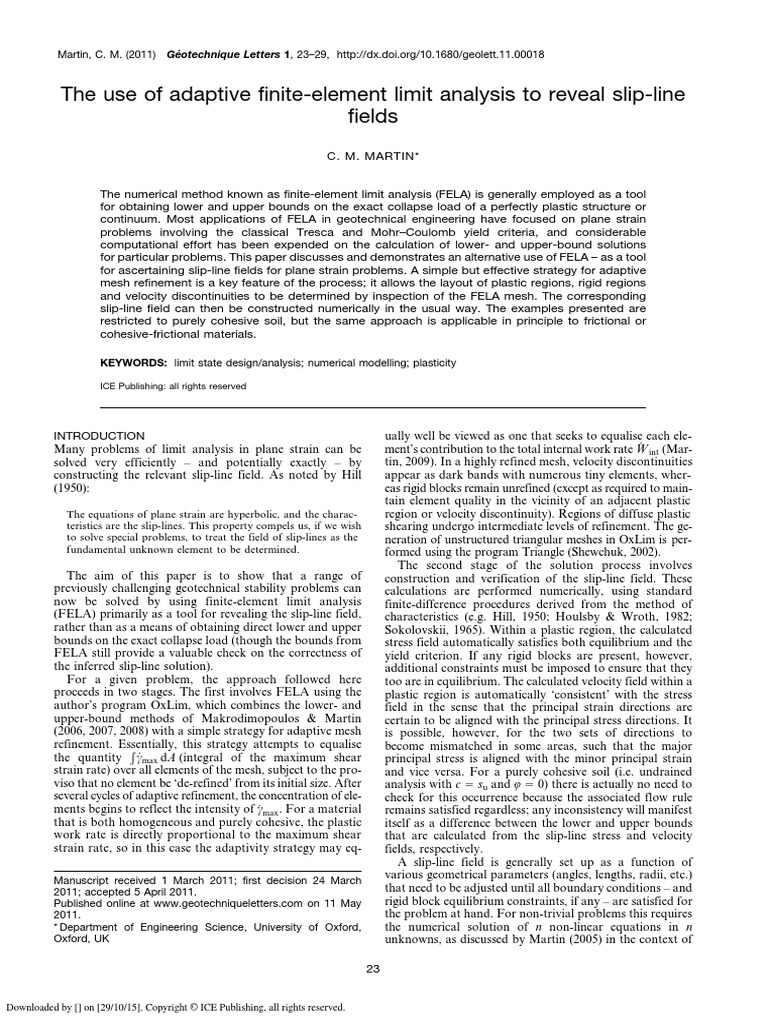 The Use Of Adaptive Finite Element Limit Analysis To Reveal Slip Line Pdf Finite Element