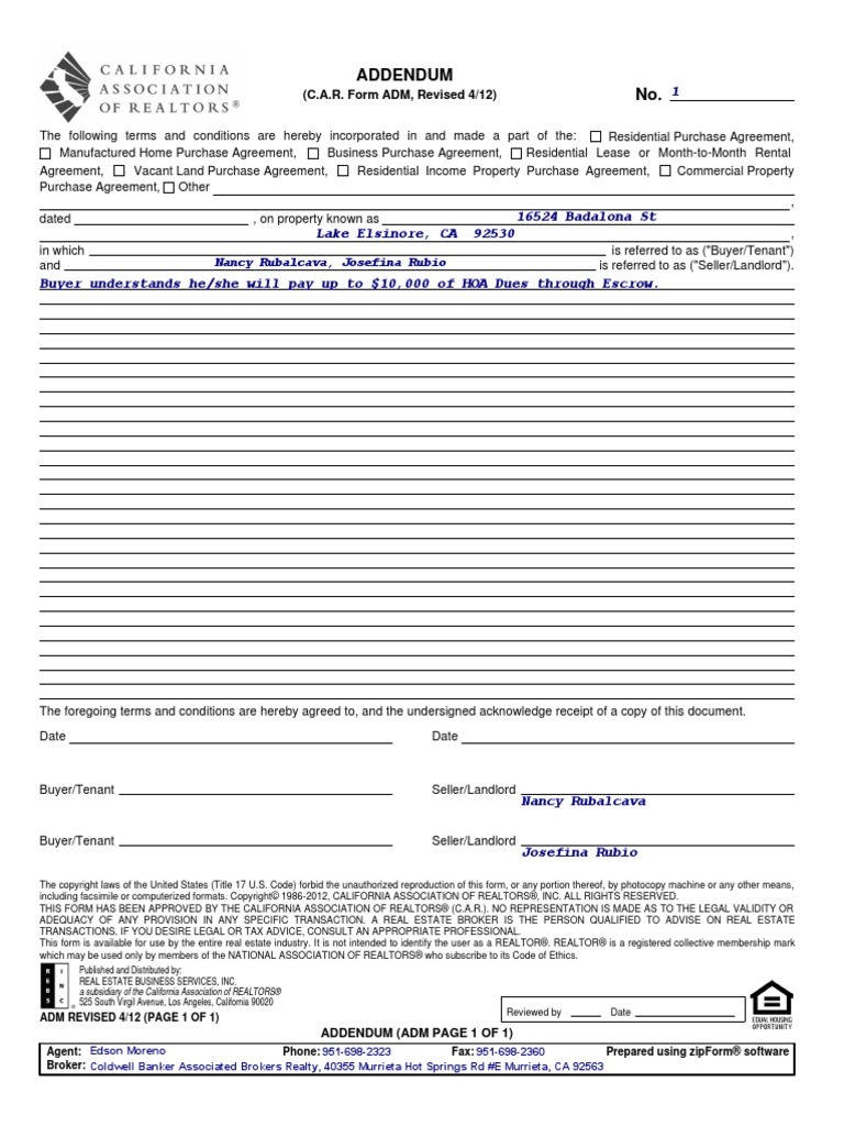 C A R Form Adm | PDF | Real Estate Broker | National Association Of ...