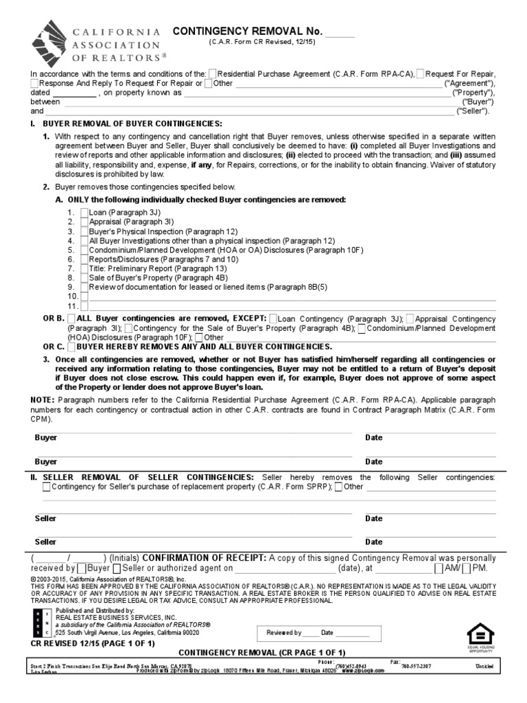 Contingency Removal No.: (C.A.R. Form CR Revised, 12/15) | PDF | Real ...
