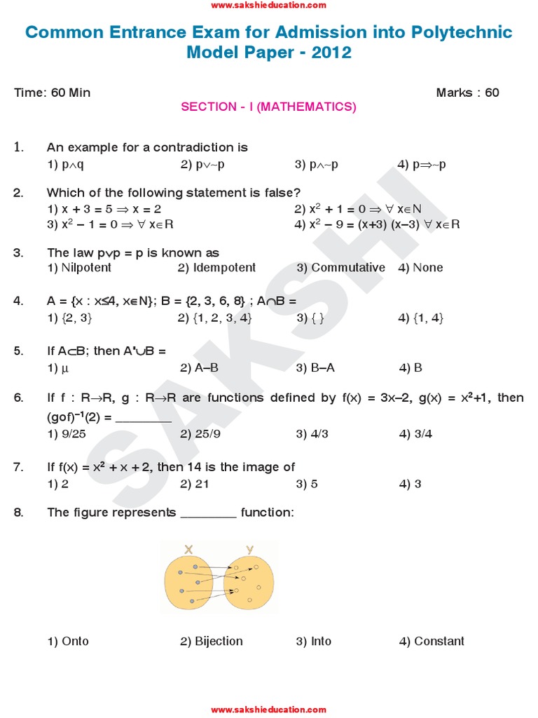 Model Paper for Common Entrance Exam to Polytechnic with Solutions to ...