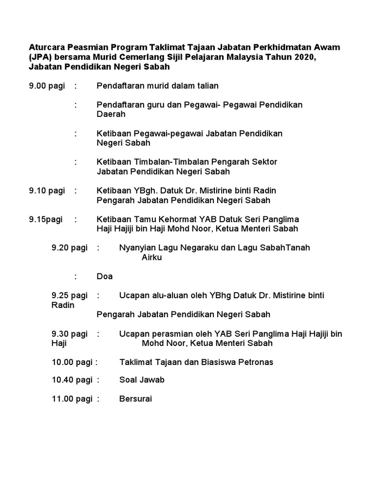 Aturcara Peasmian Program Taklimat Tajaan Jabatan | PDF