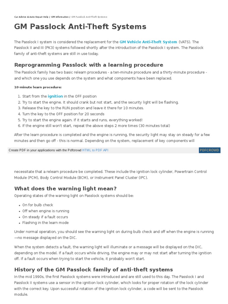 GM Passlock Anti-Theft Systems: Reprogramming Passlock With A Learning Procedure | PDF | Motor ...