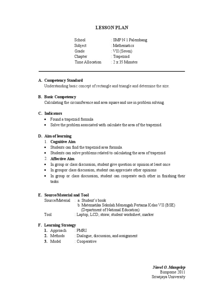 Lesson Plan: A. Competency Standard | PDF | Area | Rectangle