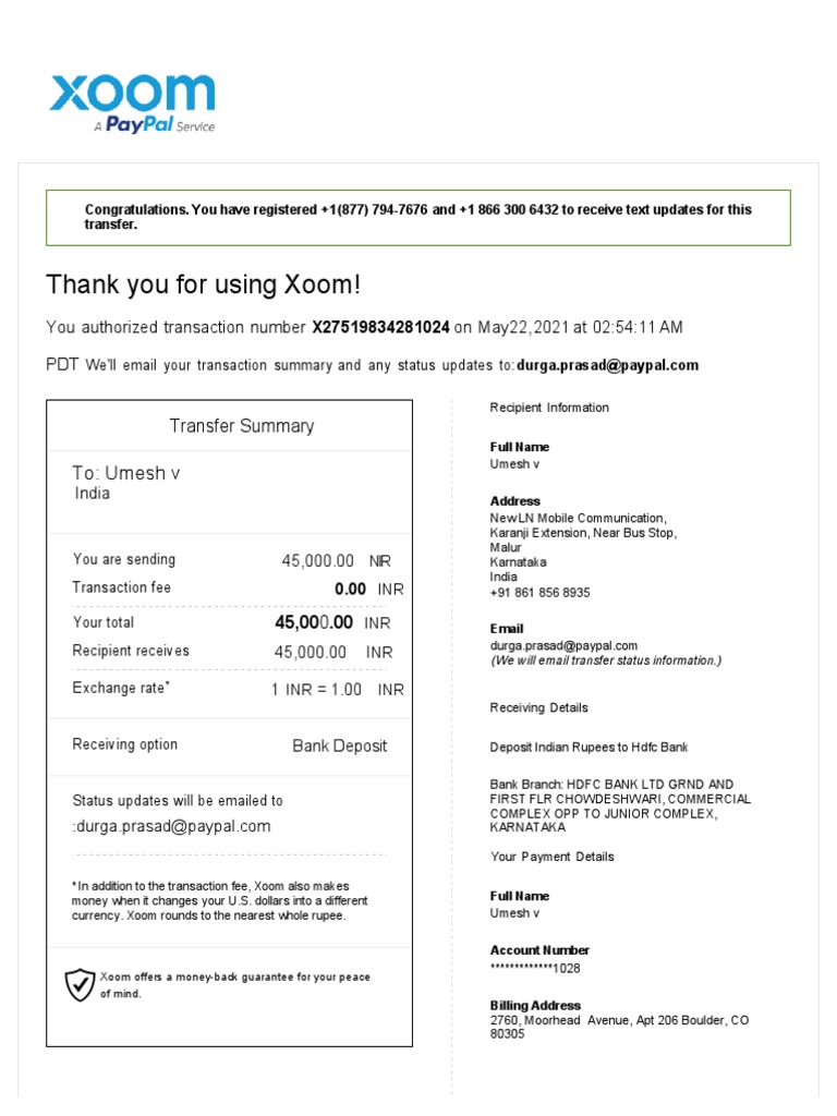 Transfer Receipt Xoom | PDF | Financial Transaction | Banks