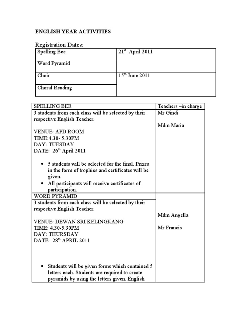 English Year Activities Schedule 2011 | PDF | Foreign Language Studies ...
