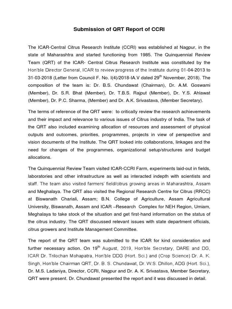 Submission of QRT Report of CCRI | PDF | Wellness | Science & Mathematics