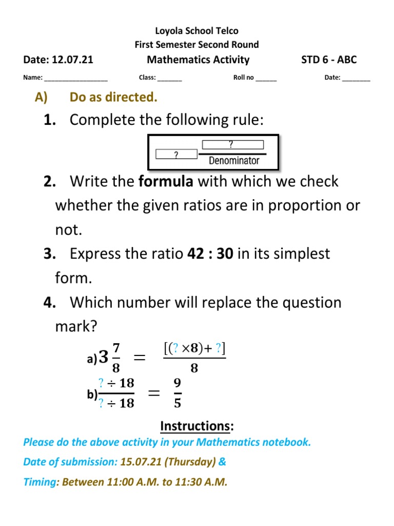 Complete The Following Rule:: Whether The Given Ratios Are in ...