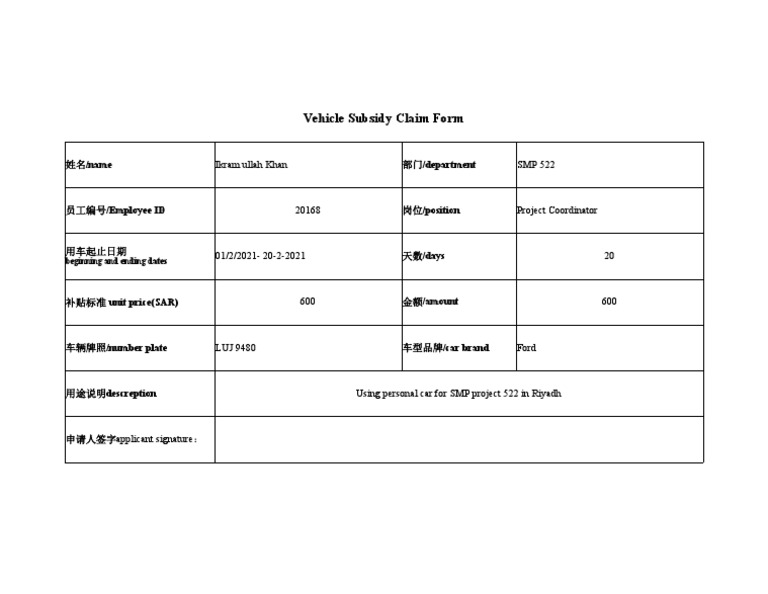 Vehicle Subsidy Claim Form | PDF
