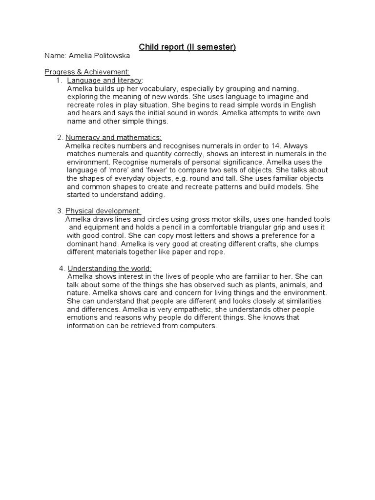 Child Report 2 Semestr | PDF | Literacy | Vocabulary