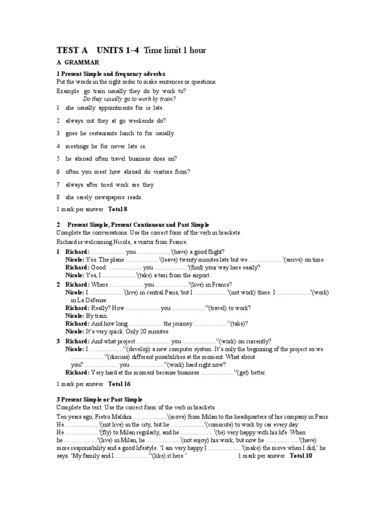 TEST A UNITS 1-4 Time Limit 1 Hour | PDF | Linguistics | Grammar