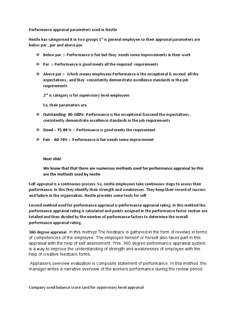 Performance Appraisal Parameters Used in Nestle Speaking | PDF | Performance Appraisal | Leadership