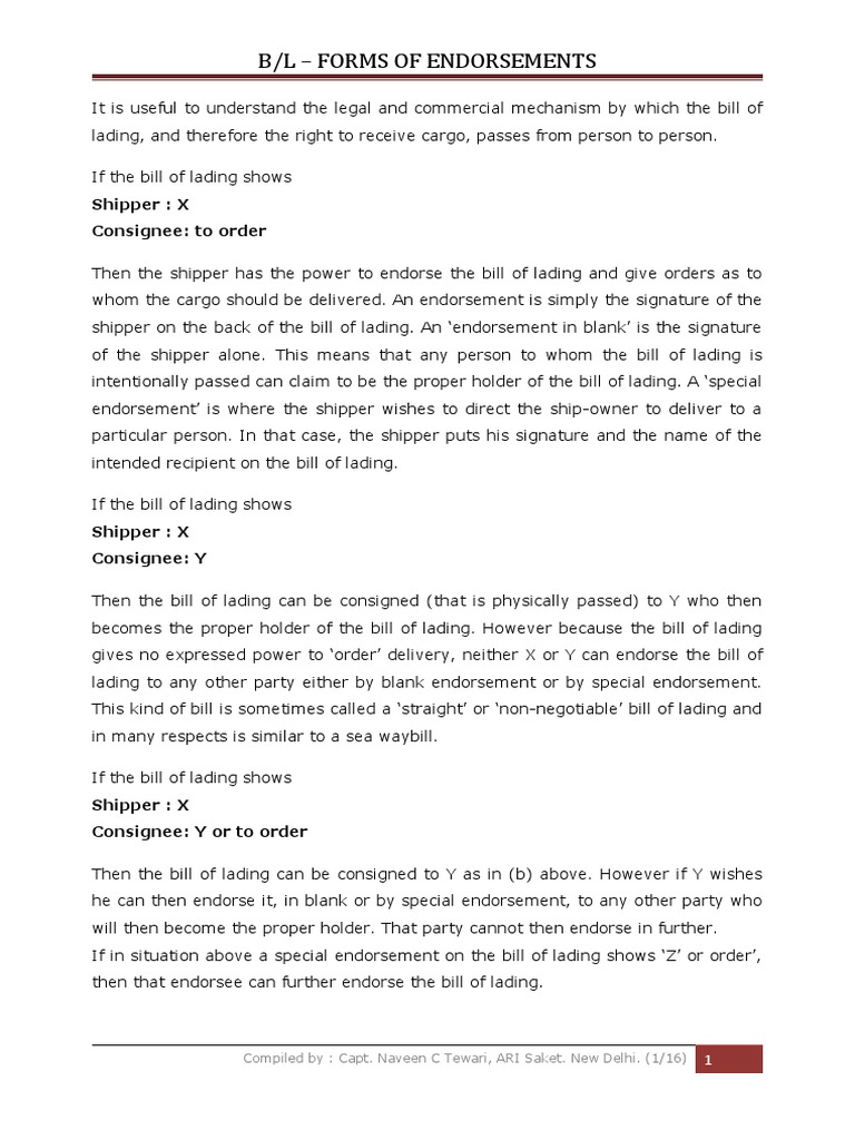 BLs - Forms of Endorsements | PDF | Bill Of Lading | Cargo