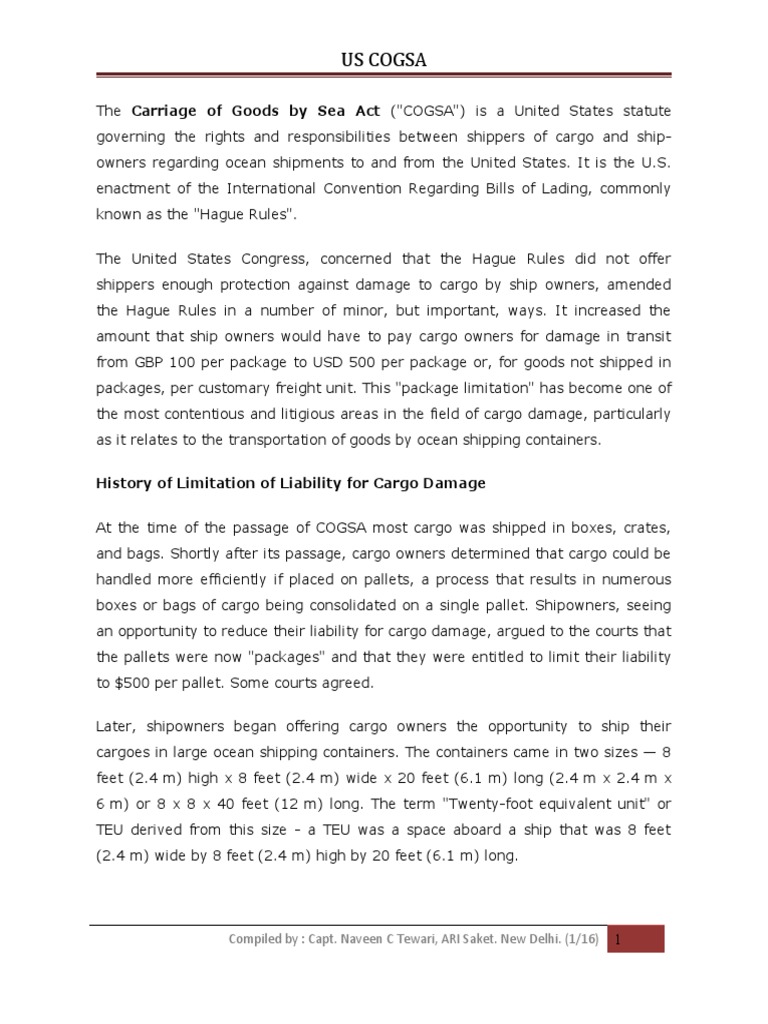 Us Cogsa: History of Limitation of Liability For Cargo Damage | PDF ...