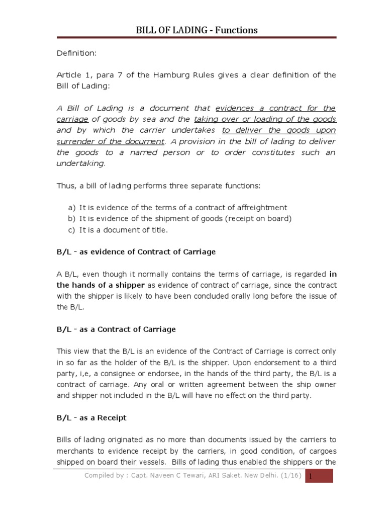 Bill of Lading, Functions | PDF | Bill Of Lading | Cargo
